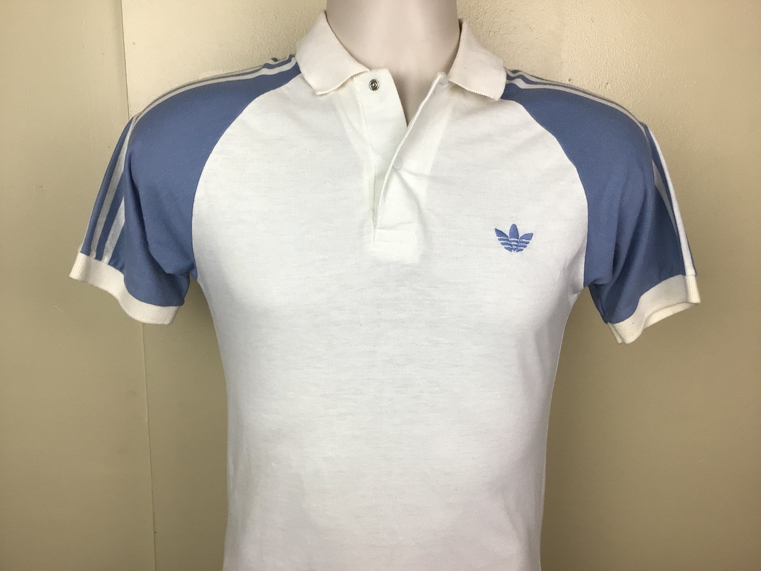 Vtg 80s Adidas Trefoil Logo Raglan Polo Shirt White Blue XS/S Snap ...
