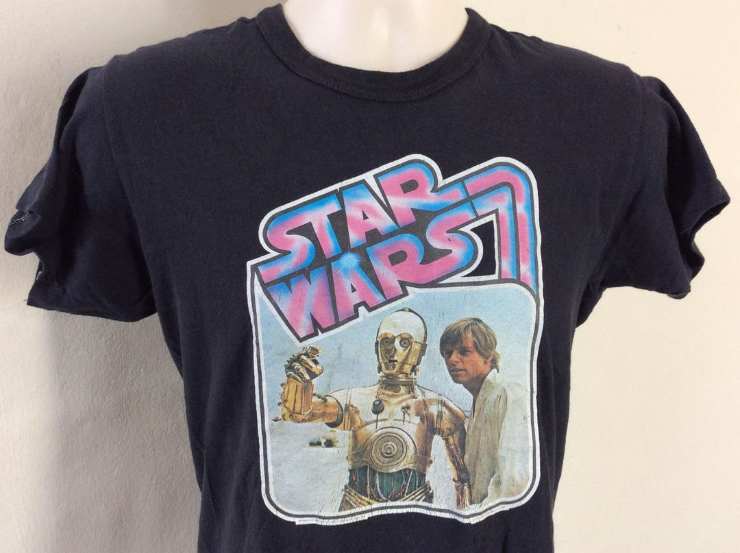 Vtg 70s Star Wars Iron-on T-shirt Black M Sci Fi Movie C-3PO Vtg 70s Star Wars Iron-on T-shirt Black M Sci Fi Movie C-3PO