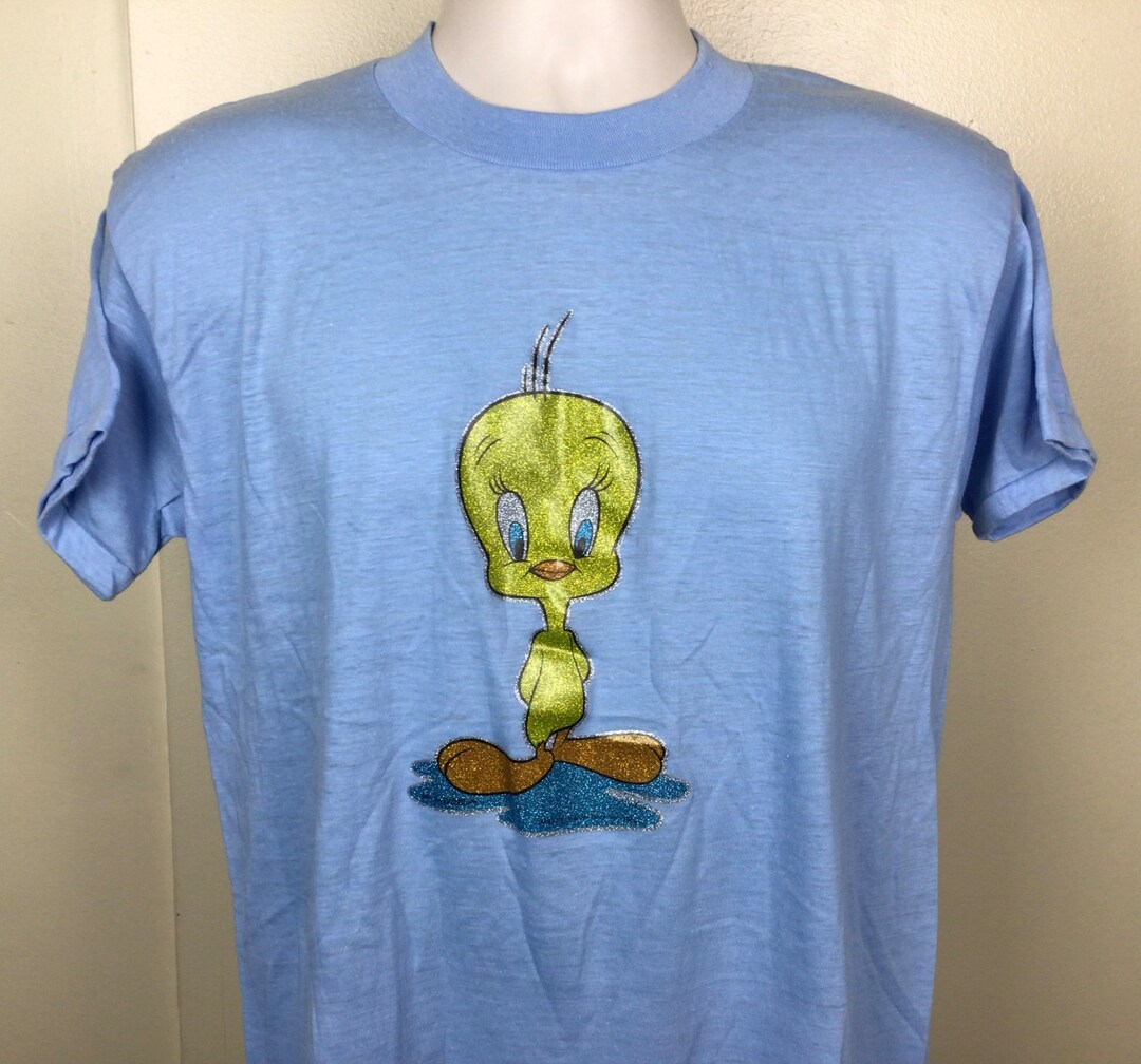 Vtg 80s Tweety Bird Glitter Iron on T-shirt Blue L/XL 1978 Roach Looney ...