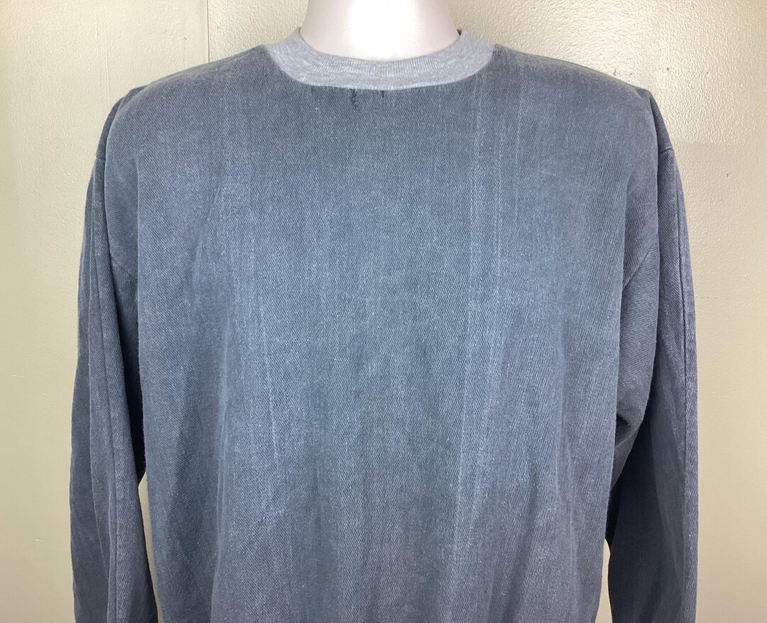 Vtg 80s Charcoal Gray Knit Ringer Crewneck Sweatshirt M/L Plain Blank ...