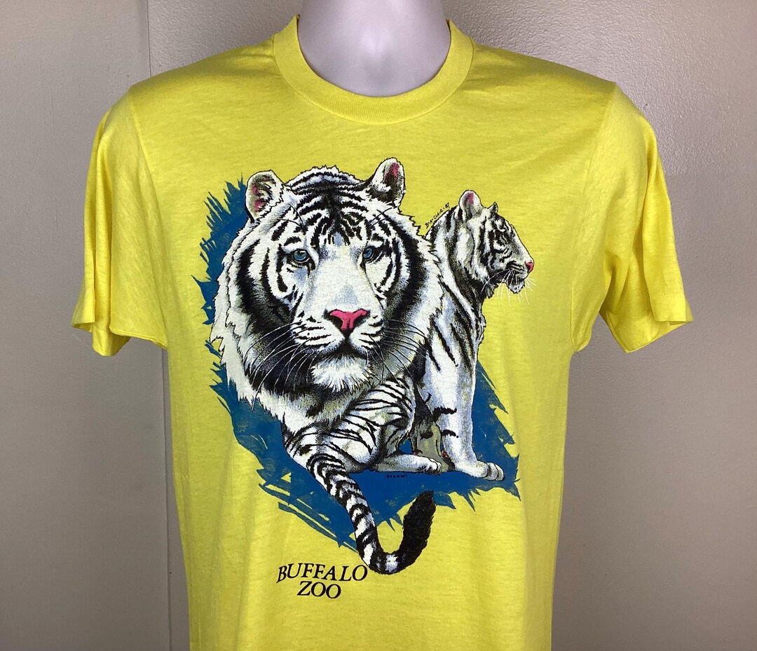 Vintage 1987 Buffalo Zoo White Tigers T-shirt Yellow S/M 80s Screen ...