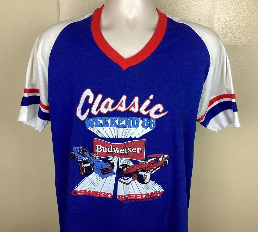 Vtg 1986 Oswego Speedway Budweiser Classic Weekend T-shirt Blue L 80s Drag Auto Racing Raglan ...