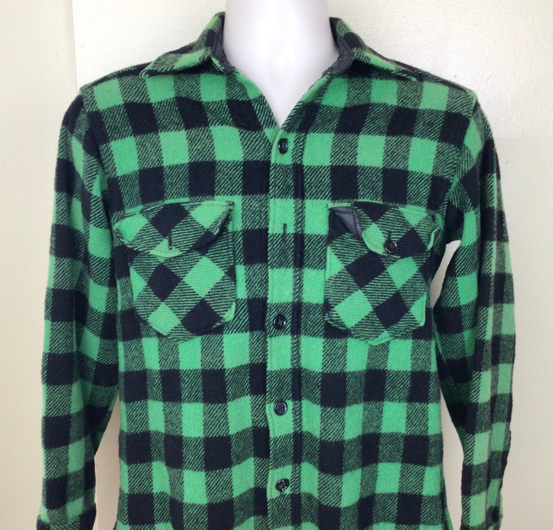 Vtg 60s 70s LL Bean Maine Guide Shirt Green M Buffalo Plaid Wool ...