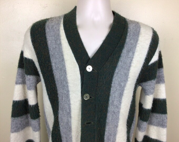 Vtg 60s Campus Orlon Striped Cardigan Sweater Green White S Fuzzy ...
