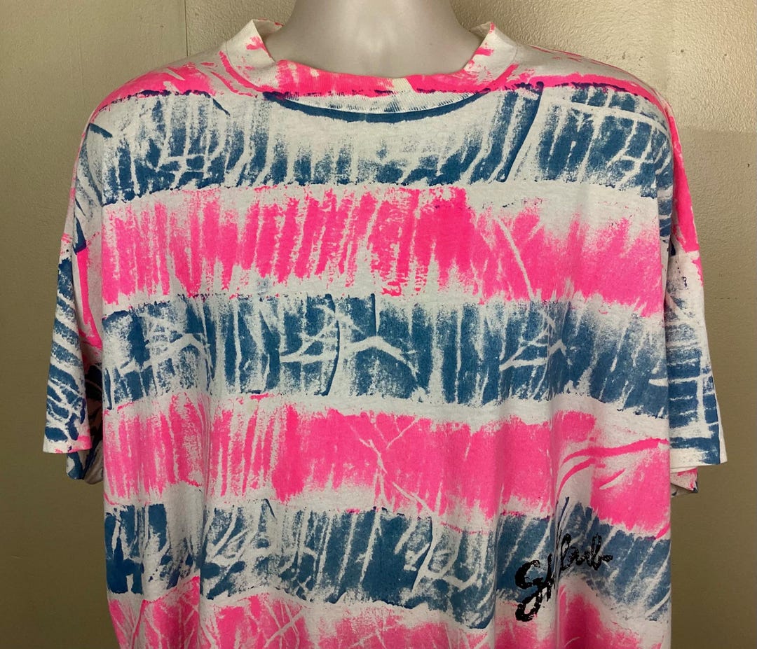 Vtg 80s 90s Shore Club Boxy Fit T-shirt White Blue Pink Boxy Baggy Fit 2X/3X Surf Skate Beach ...