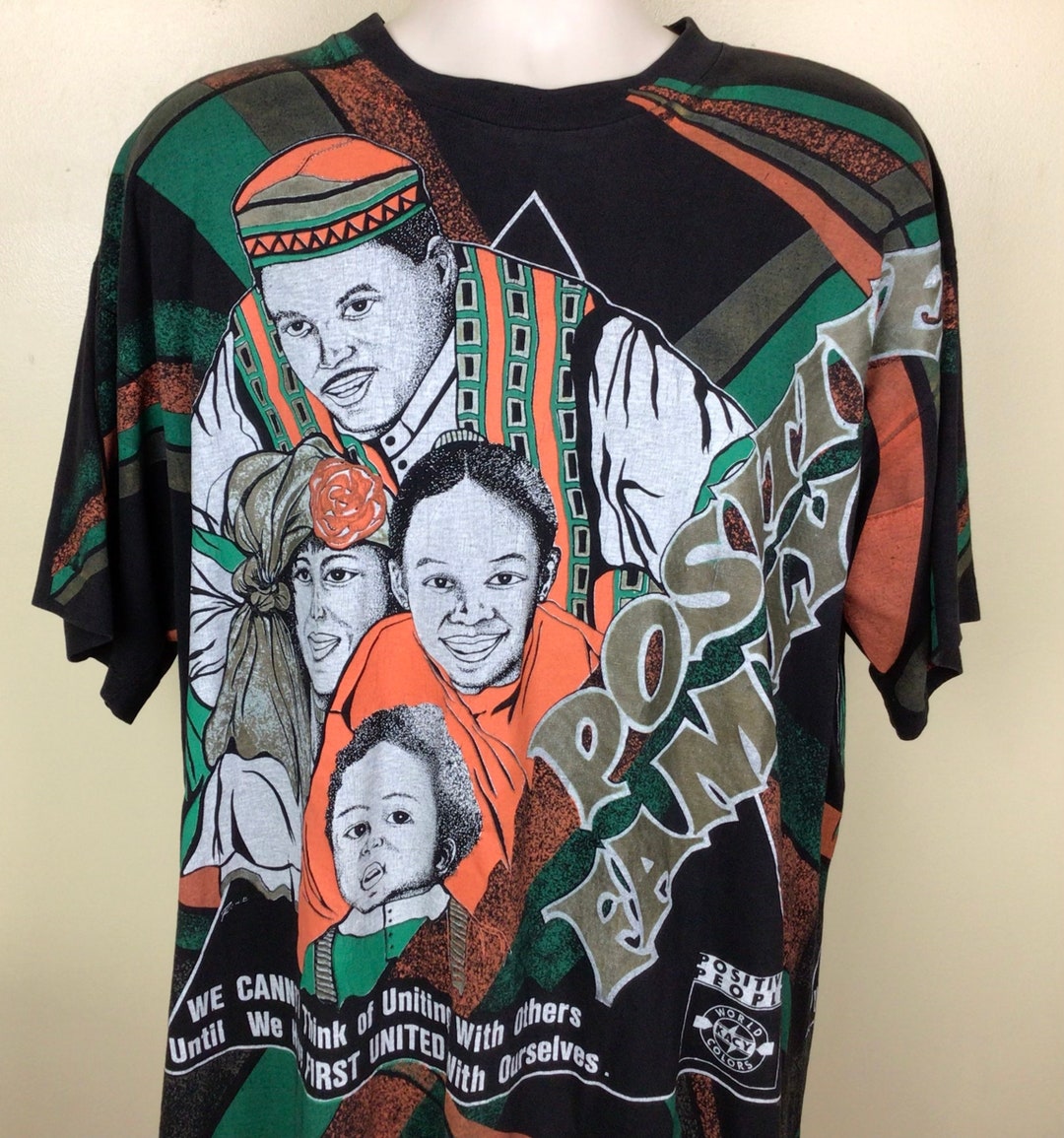 Vtg 90s Kacy World Colors Positive Family All Over Print T-shirt Black ...