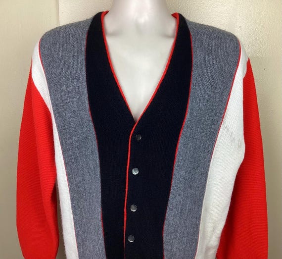Vtg 50s 60s Cardigan Sweater Red White Gray Black M C… - Gem