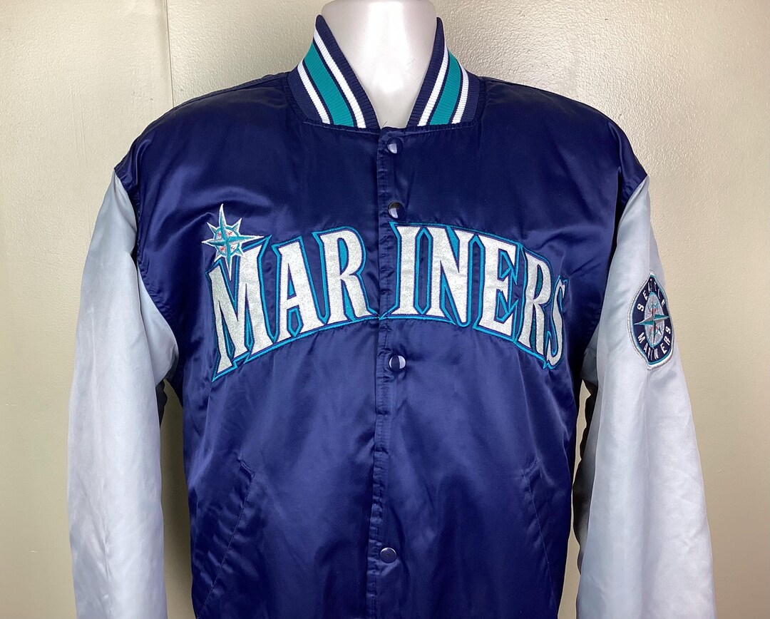 Vintage 90s Starter Seattle Mariners Jacket Blue Silver M Satin Coat ...