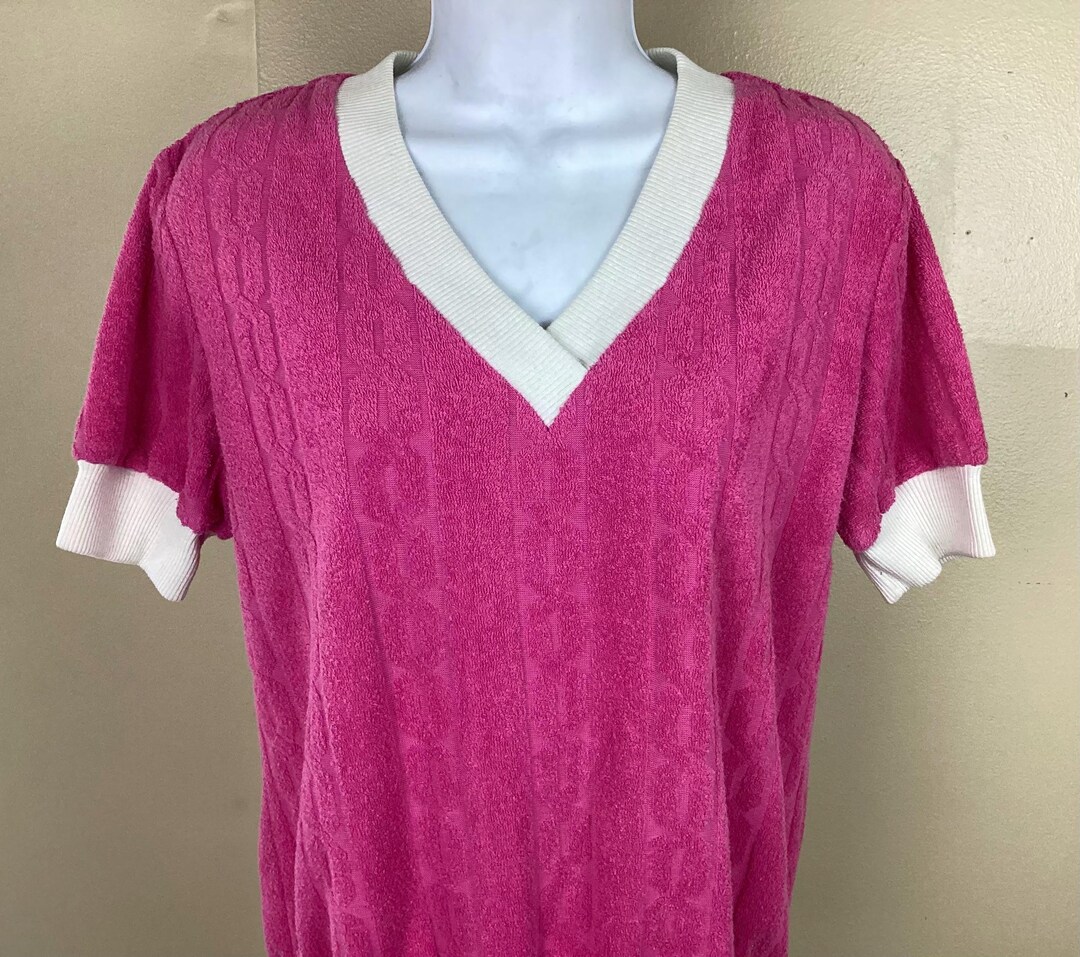 Vtg 70s 80s Terry Cloth Texture V-neck Ringer T-shirt Pink Size M White ...