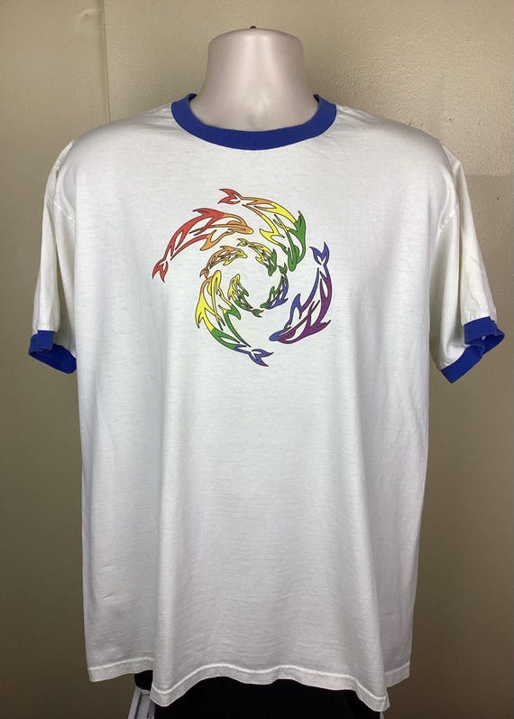 Vtg Early 2000s Dolphin Rainbow Swirl Ringer T-Shirt … - Gem