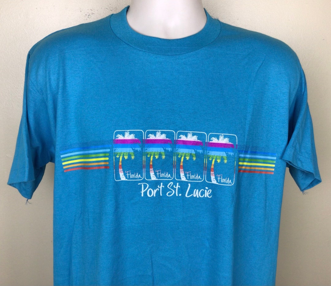 Vtg 80s Port St Lucie Florida T-shirt Turquoise Blue L Velva Sheen ...