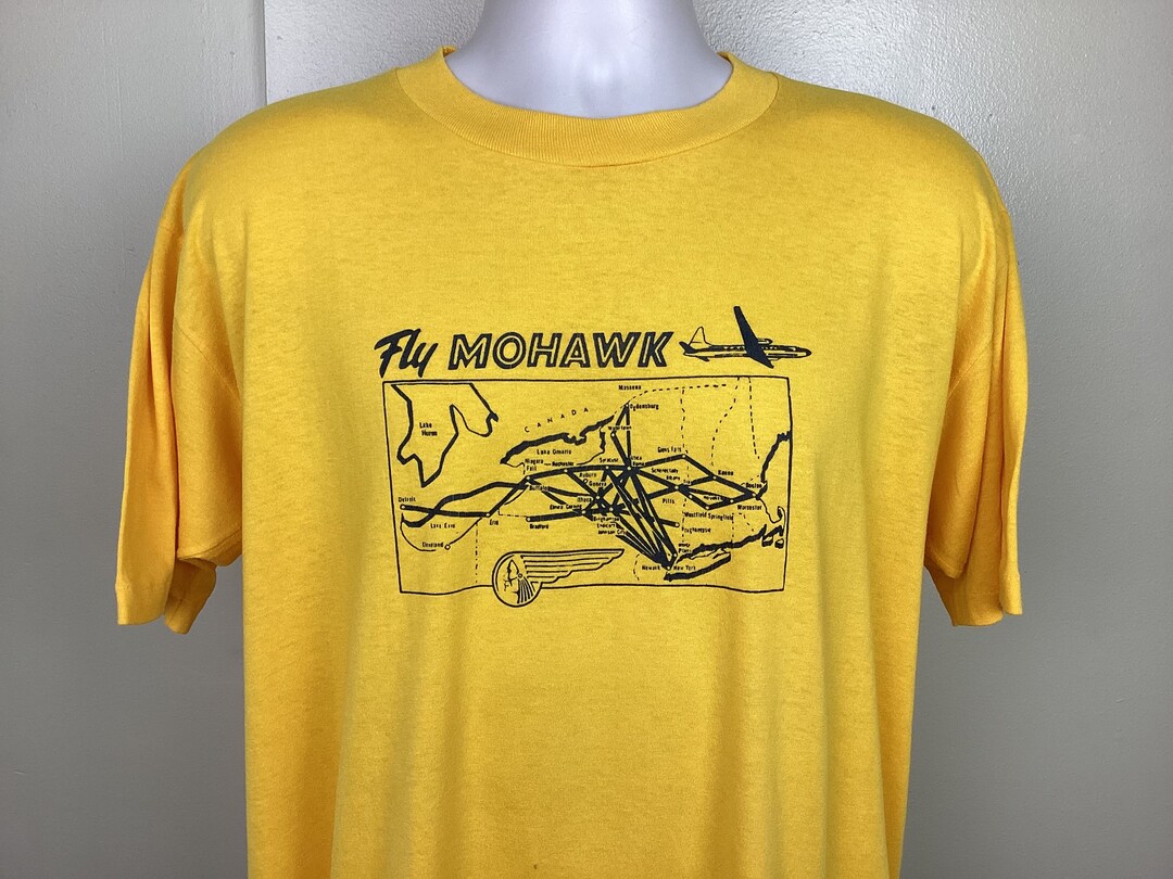 Vtg 80s Fly Mohawk Airlines T-shirt Gold Yellow XL 50/50 Flight ...