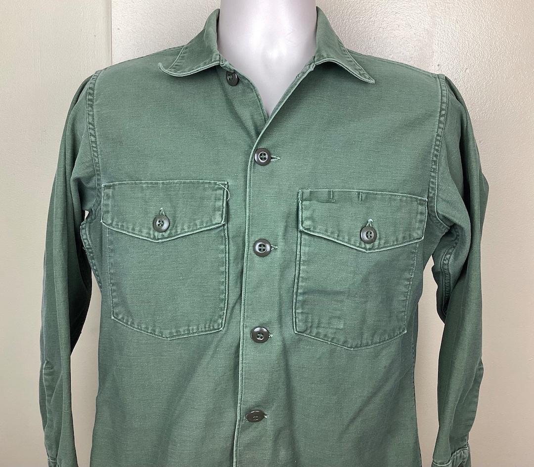 Vtg 60s 70s US Army Og 107 Sateen Shirt Olive Green XS/S Button Down ...