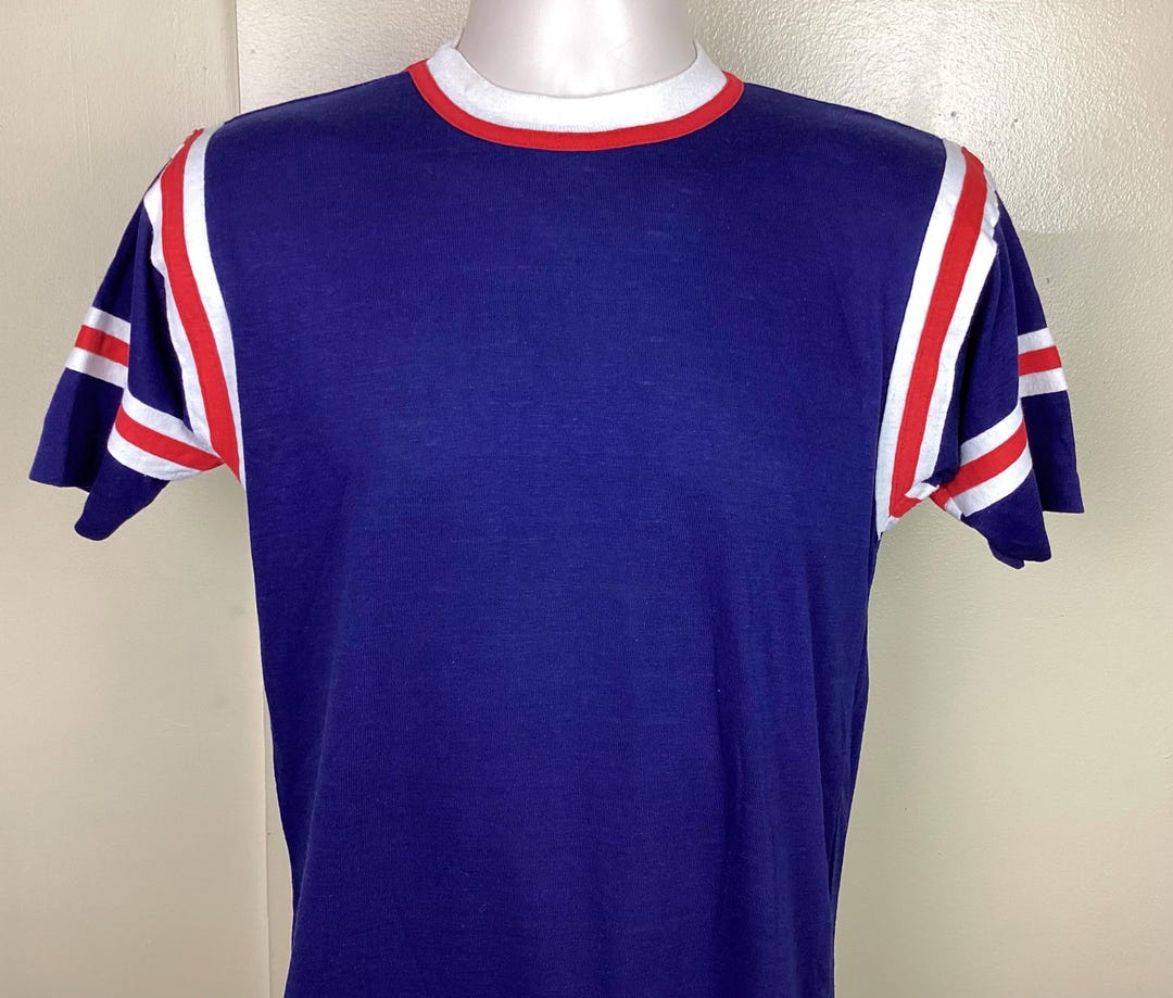 Vtg 70s 80s Navy Blue Ringer Collar T-shirt M Plain Blank Striped ...