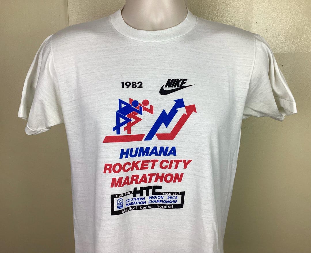 Vtg 1982 Nike Humana Rocket City Marathon T-shirt White M 80s Orange ...