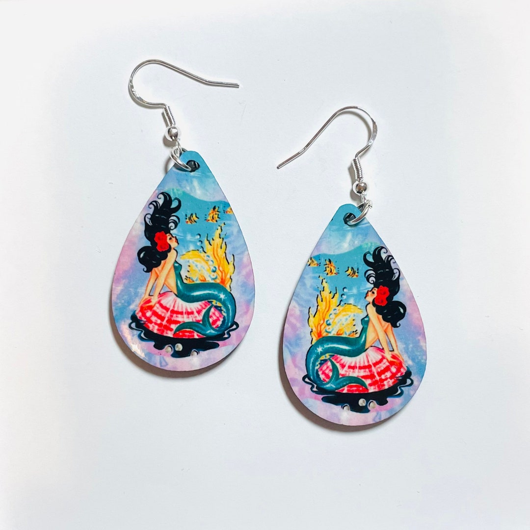 Retro Mermaid Teardrop Dangle Earrings | Kitschy Vintage Style Earrings ...