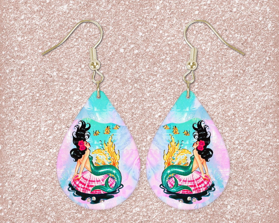 Retro Mermaid Teardrop Dangle Earrings | Kitschy Vintage Style Earrings ...