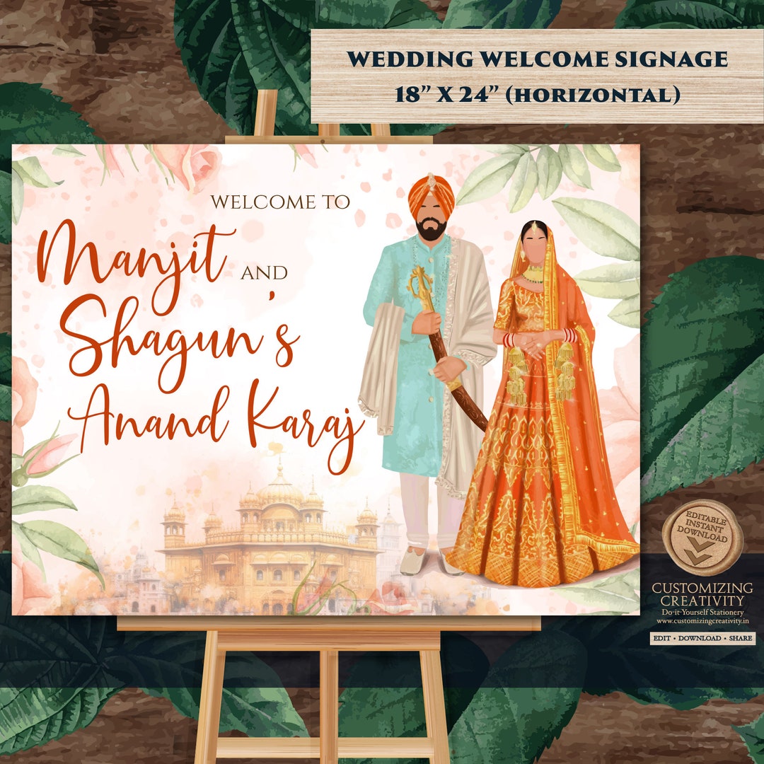 Anand Karaj Welcome Sign Sikh Wedding Sign, Punjabi Wedding Signs ...