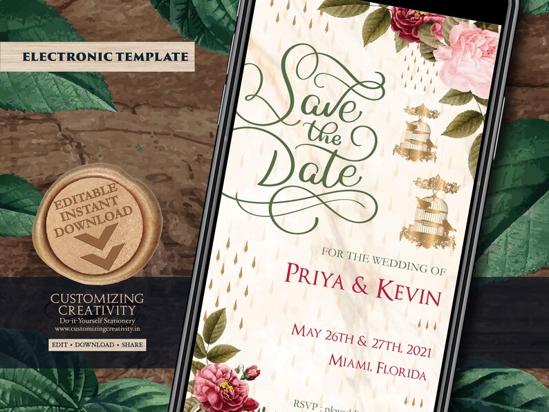 Red & Pink Floral Save the Date Editable Template Instant - Etsy