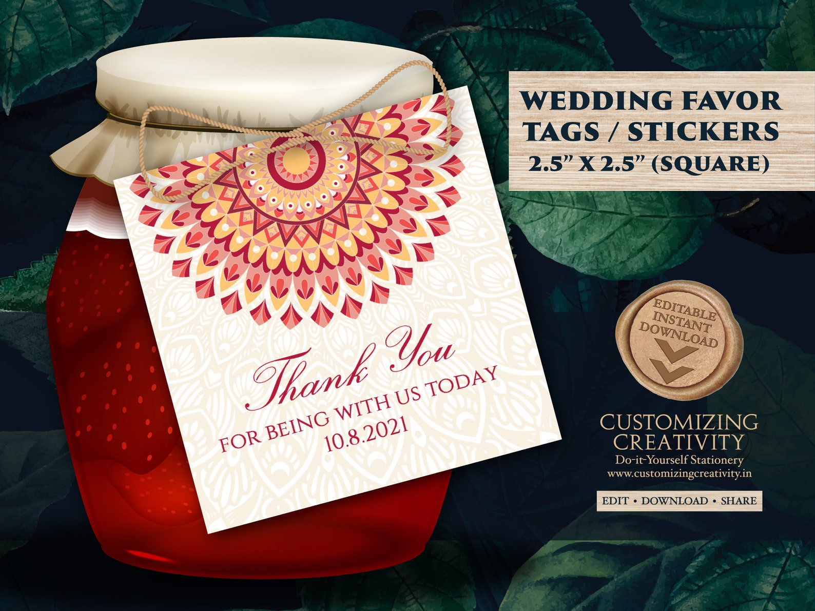 Mandala Thank You Tag Template for Indian Favor Tags, Red Thank You ...