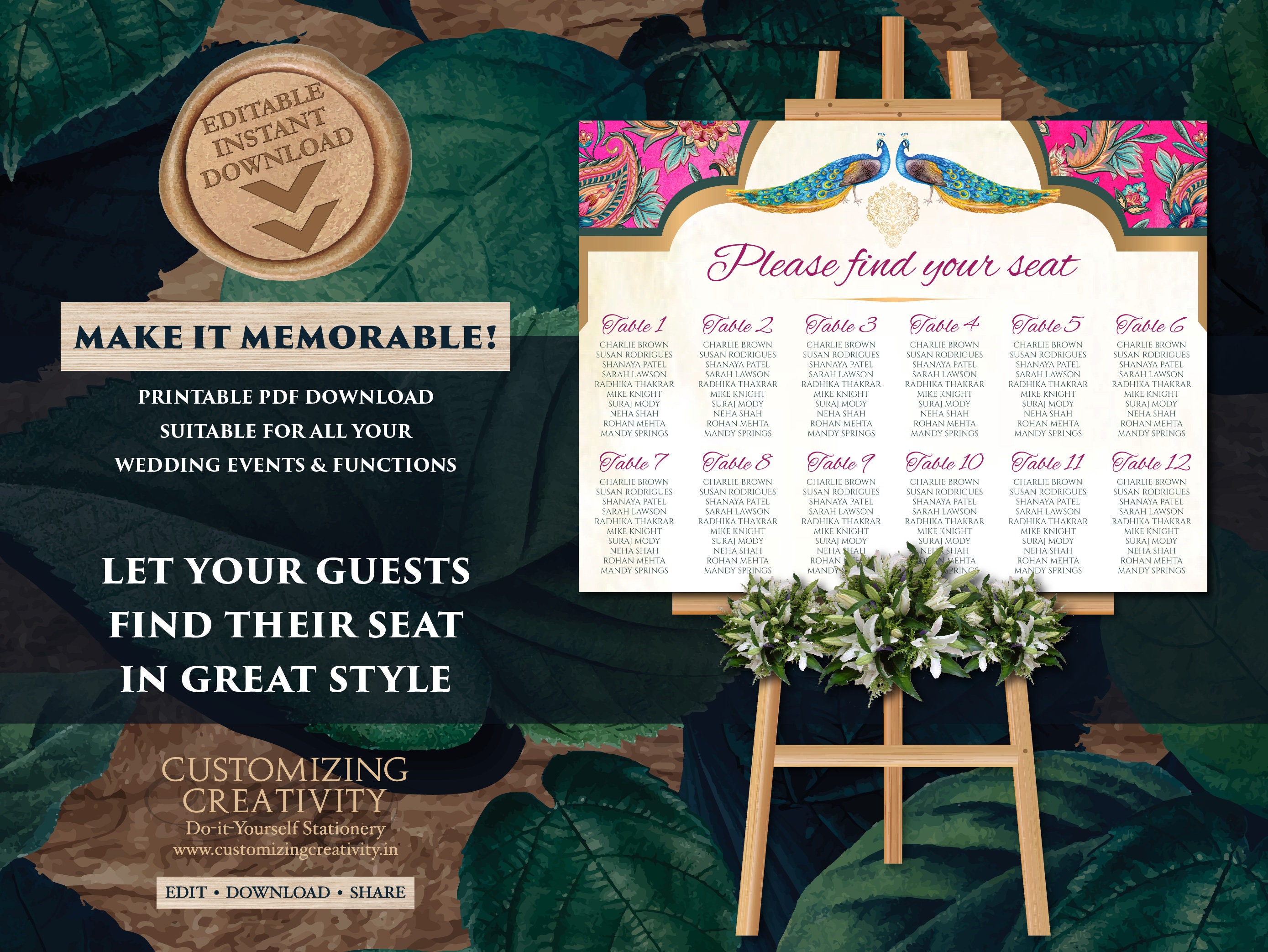 Peacock Seating chart as Reception Welcome sign peacock Hindu | Etsy