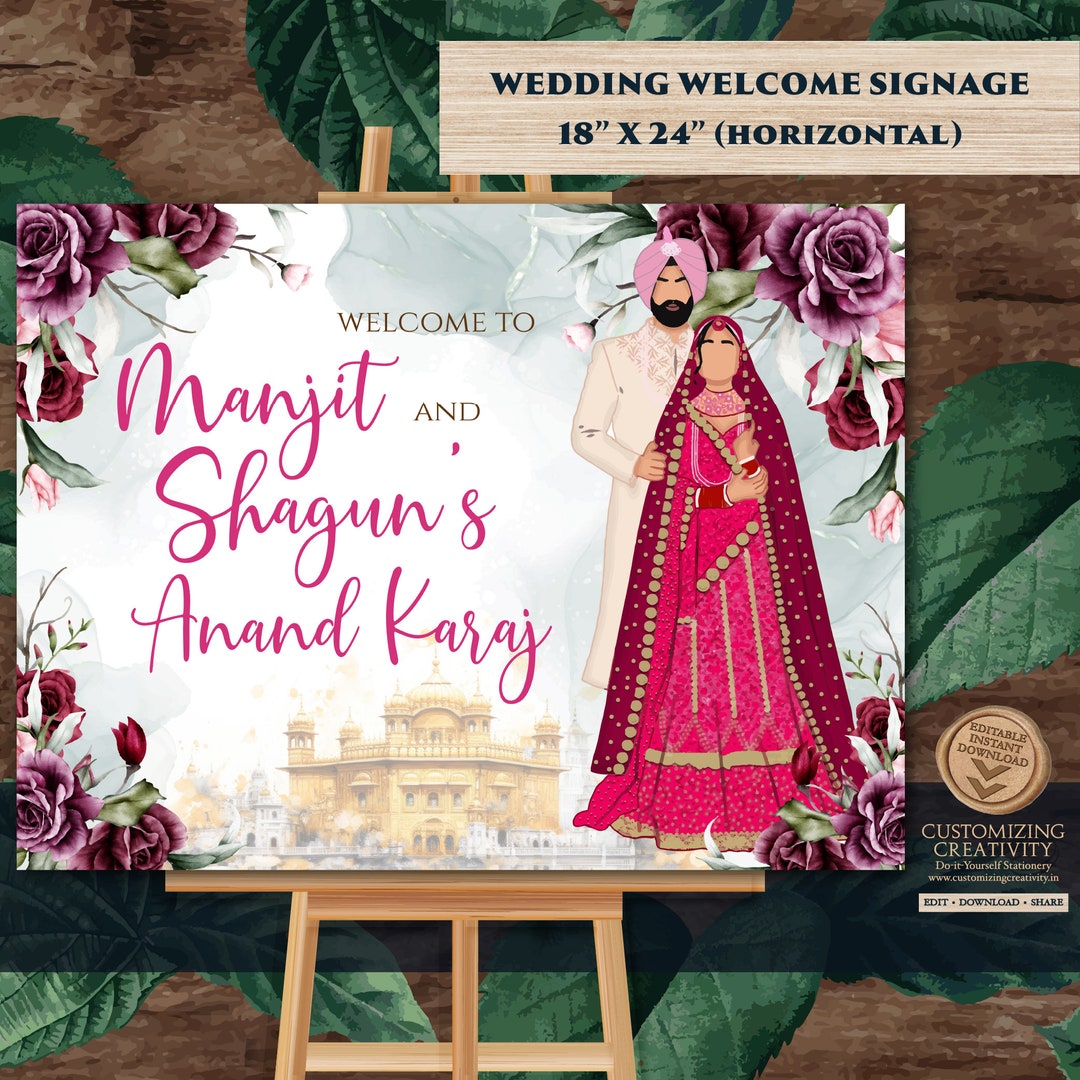 Anand Karaj Welcome Sign & Sikh Wedding Welcome Sign, Punjabi Wedding ...