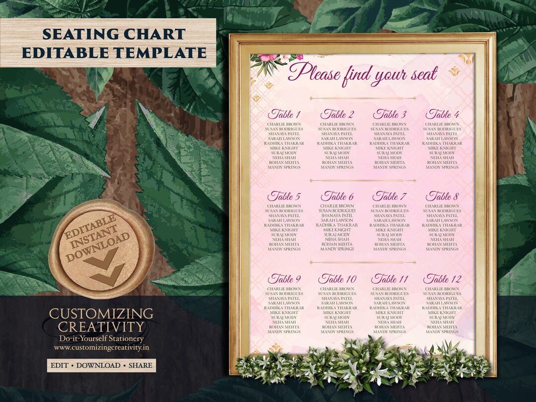 Pink Seating Chart Template as Boho Seating Charts, Reception Seating ...