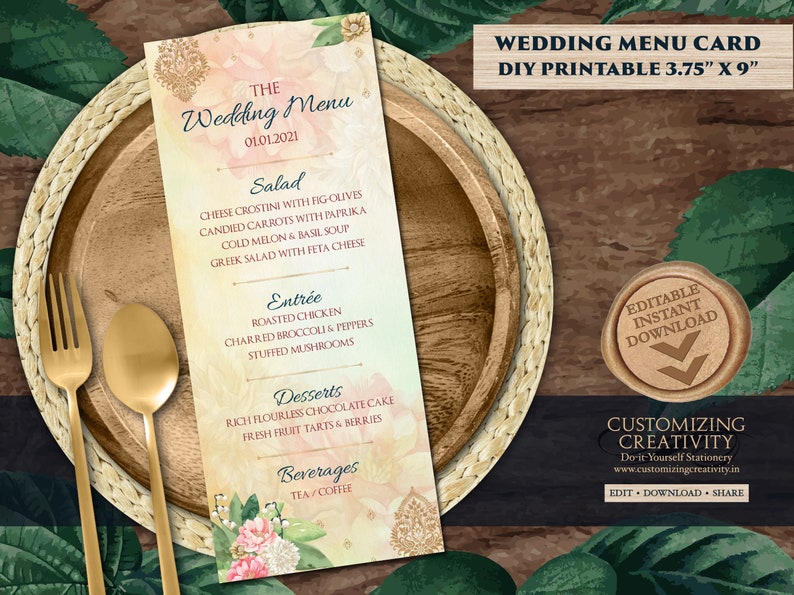 Wedding Menu Cards Indian as Indian Dinner Menu Card Template - Etsy