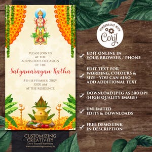 Satyanarayan Pooja Invitation Indian Satya Narayan Katha Invitation ...