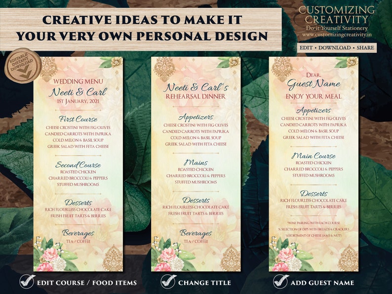 Wedding Menu Cards Indian as Indian Dinner Menu Card Template - Etsy