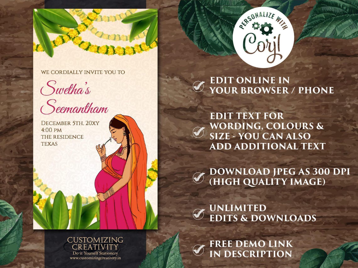 Seemantham Invitation: South Indian Baby Shower, Godh Bharai (digital ...