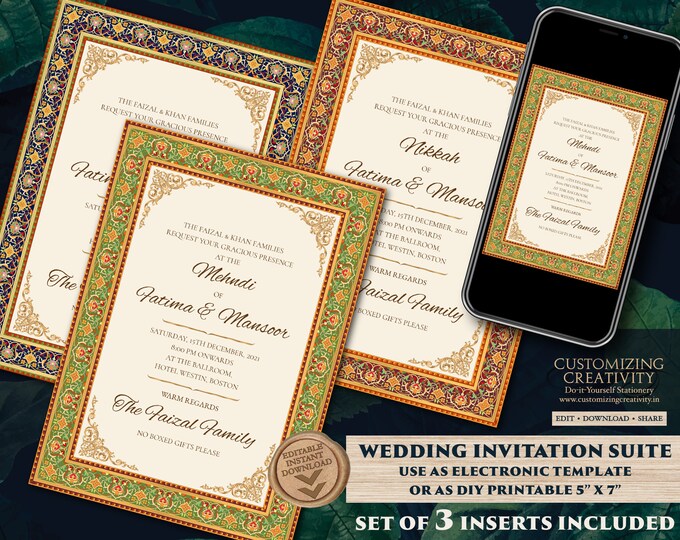 Muslim Wedding Invitation as Arabic Wedding Shaadi Card, Nikkah Invite ...