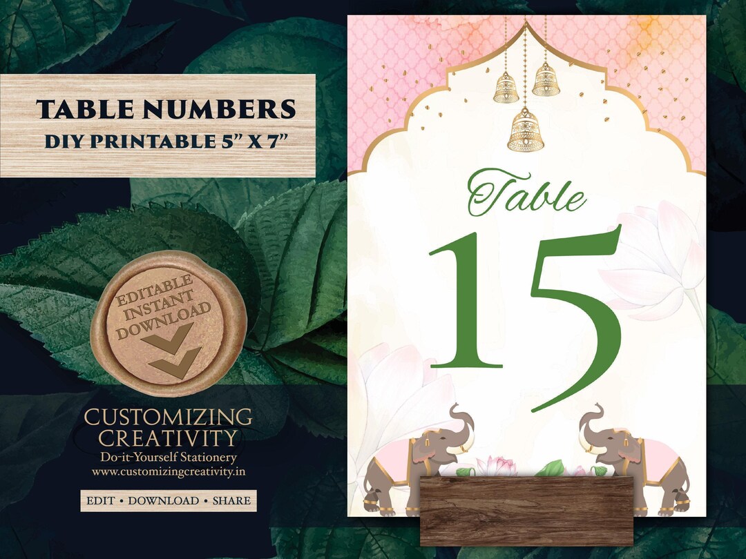 Elephant Table Numbers Indian & Elephant Table Cards Pink, Hindu Table ...