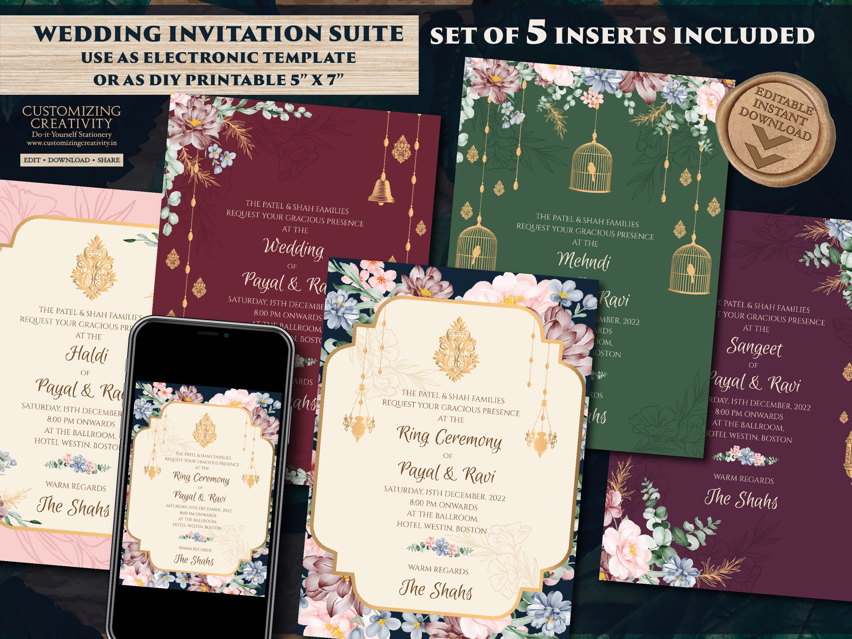 Floral Indian Invites & Indian Invitations Digital Hindu | Etsy