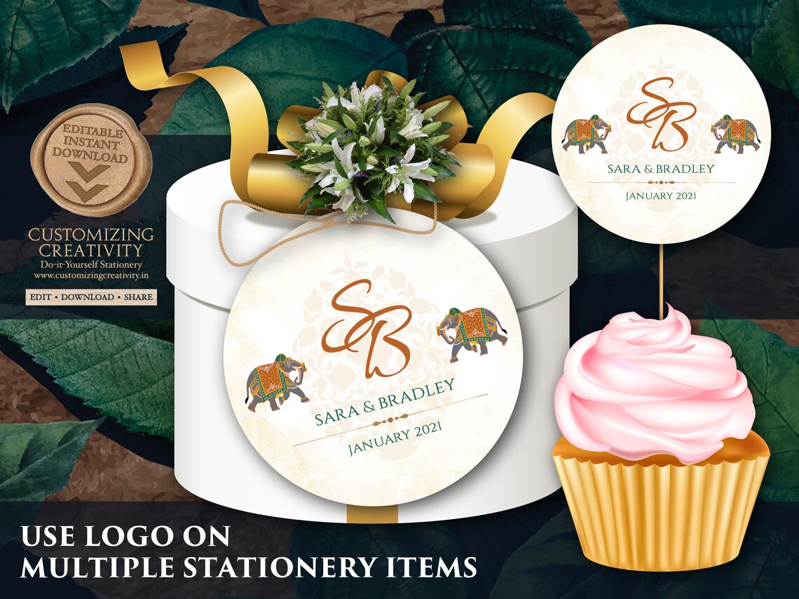 Indian Wedding Monogram for Indian Wedding Logo Elephant | Etsy