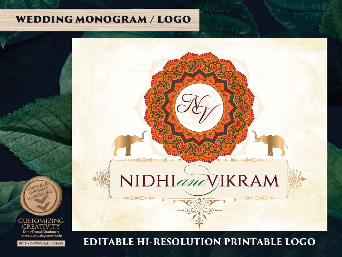 Elephant Wedding Monogram for Indian Wedding Logo Mandala - Etsy India