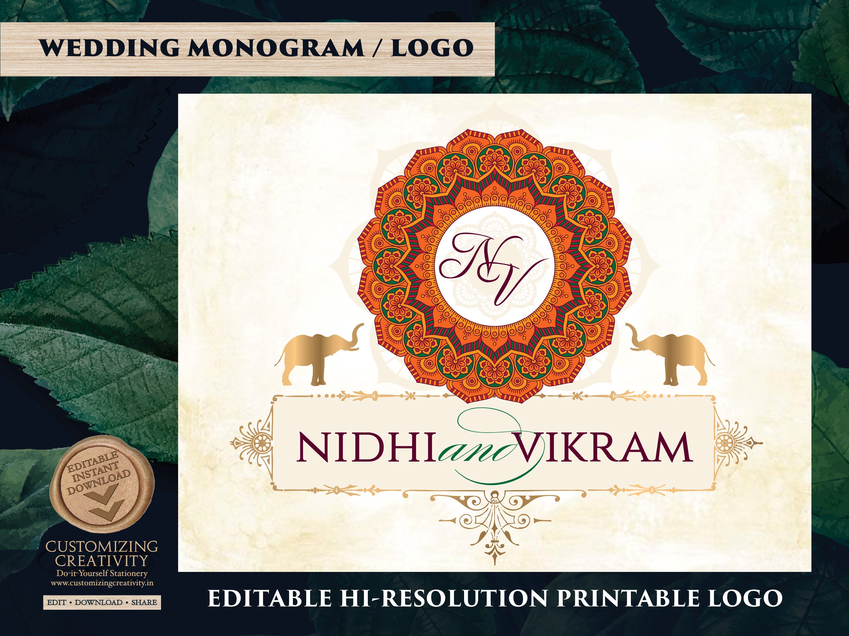 Elephant Wedding Monogram for Indian Wedding Logo Mandala - Etsy India