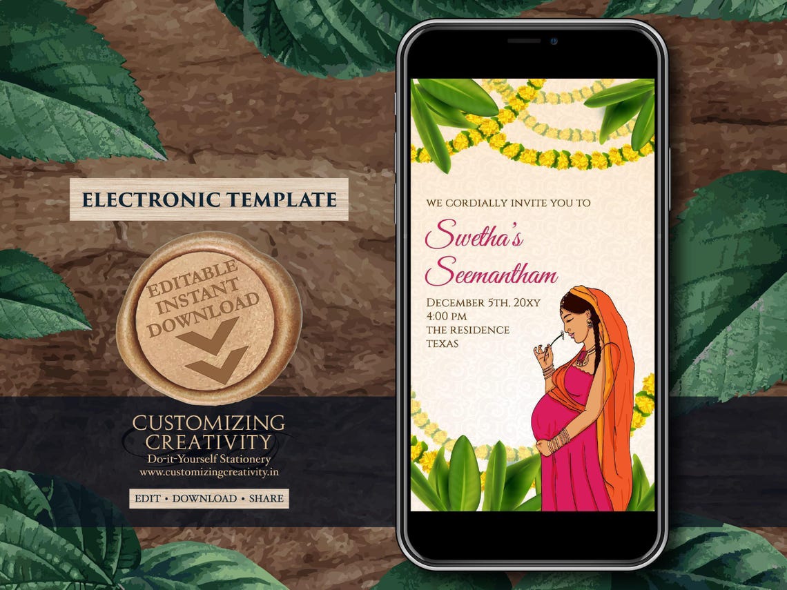 Seemantham Invitation: South Indian Baby Shower, Godh Bharai (digital ...
