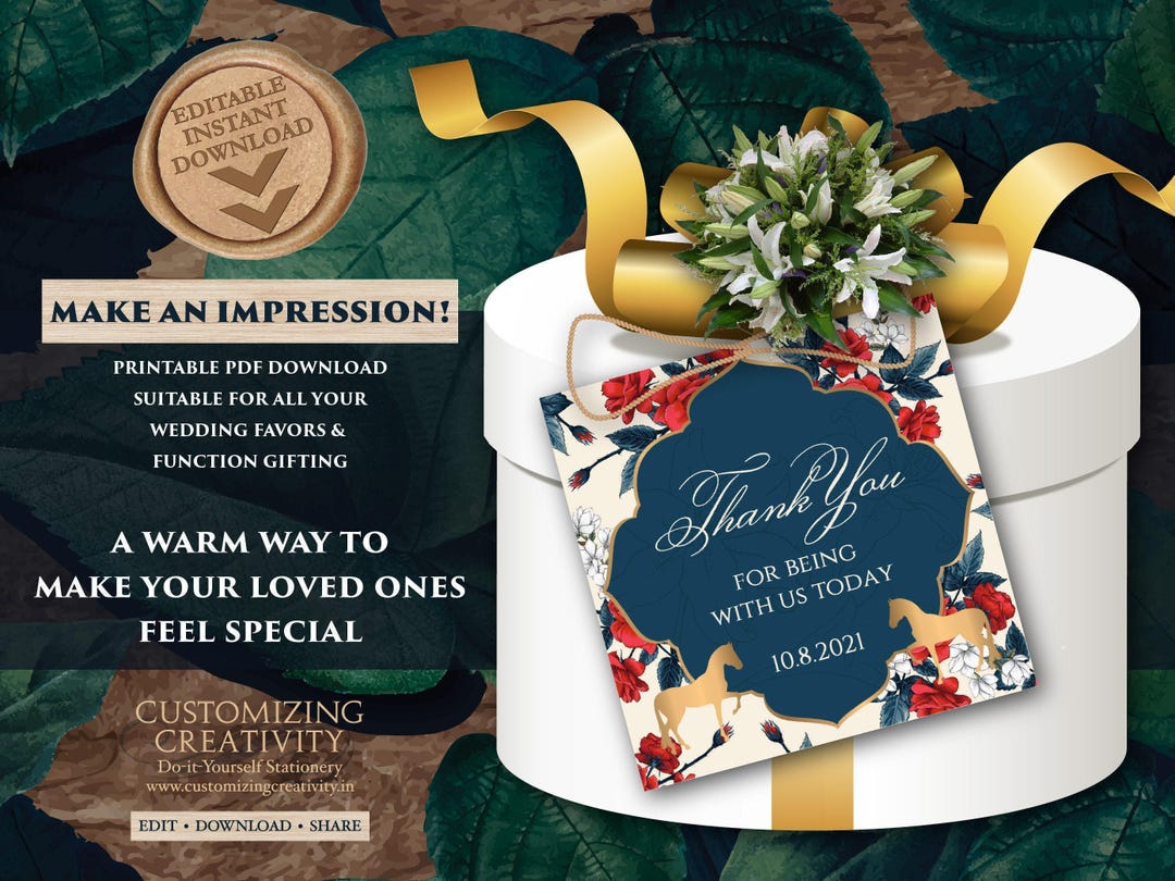 Indian Wedding Favor Tag Template: Red Floral Horse Design (digital ...