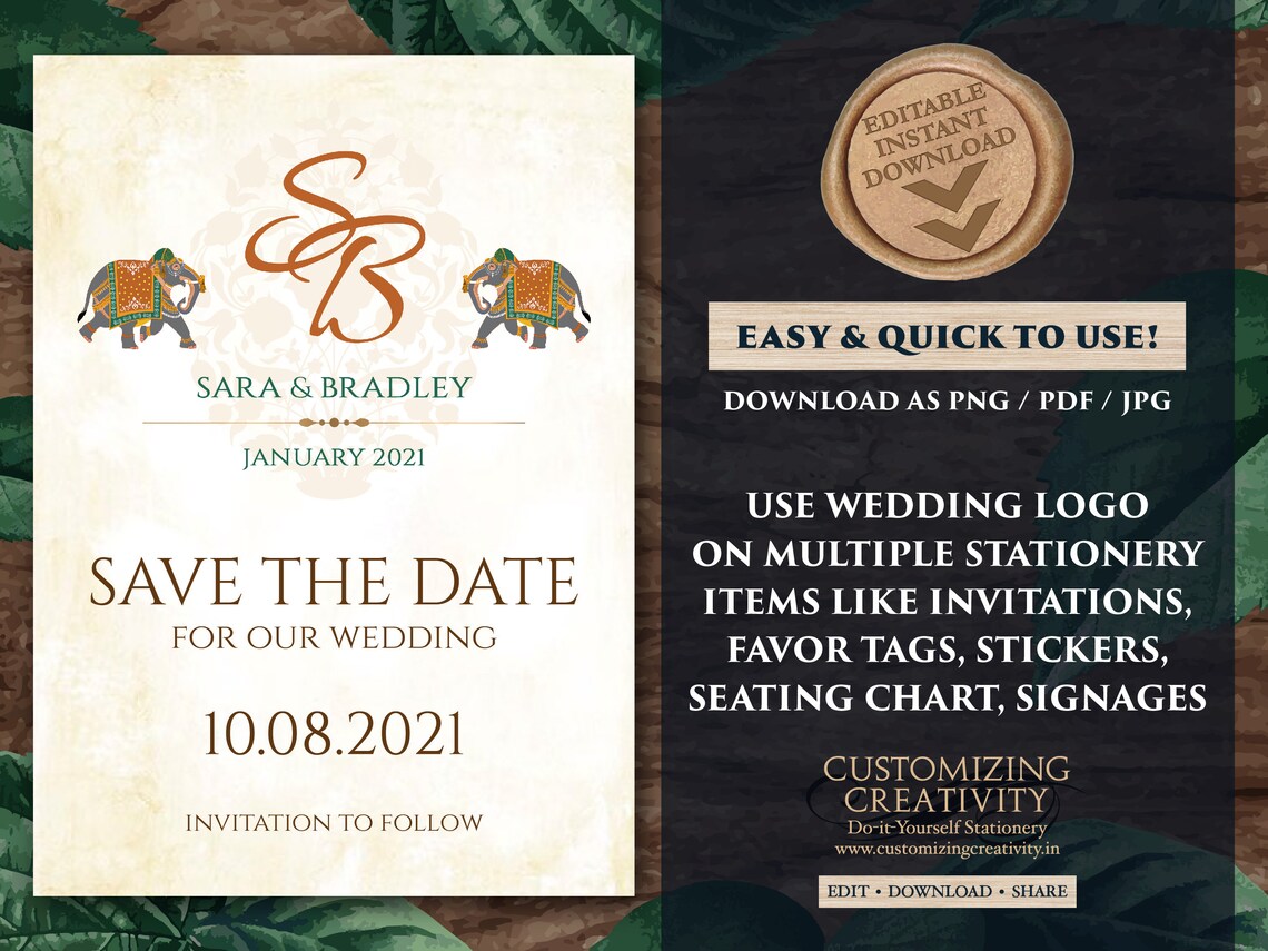 Indian Wedding Monogram for Indian Wedding Logo Elephant | Etsy