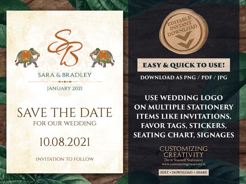 Indian Wedding Monogram for Indian Wedding Logo Elephant - Etsy