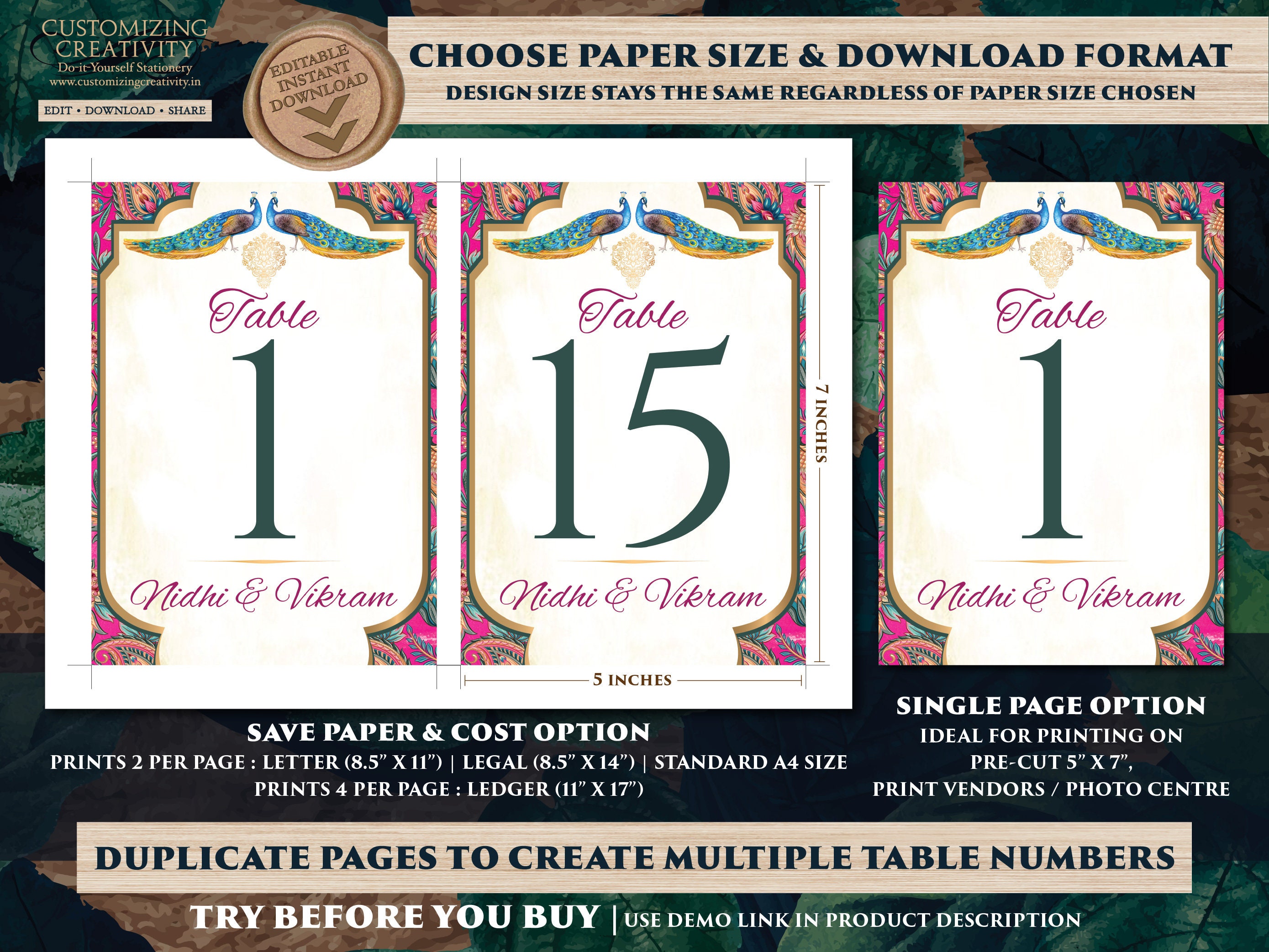 Peacock Table Numbers Indian & Peacock Table Cards Boho Hindu | Etsy