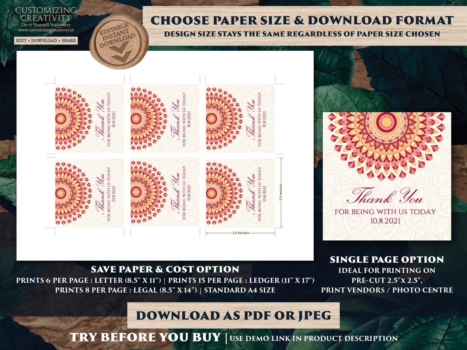 Mandala Thank You Tag Template for Indian Favor Tags, Red Thank You ...