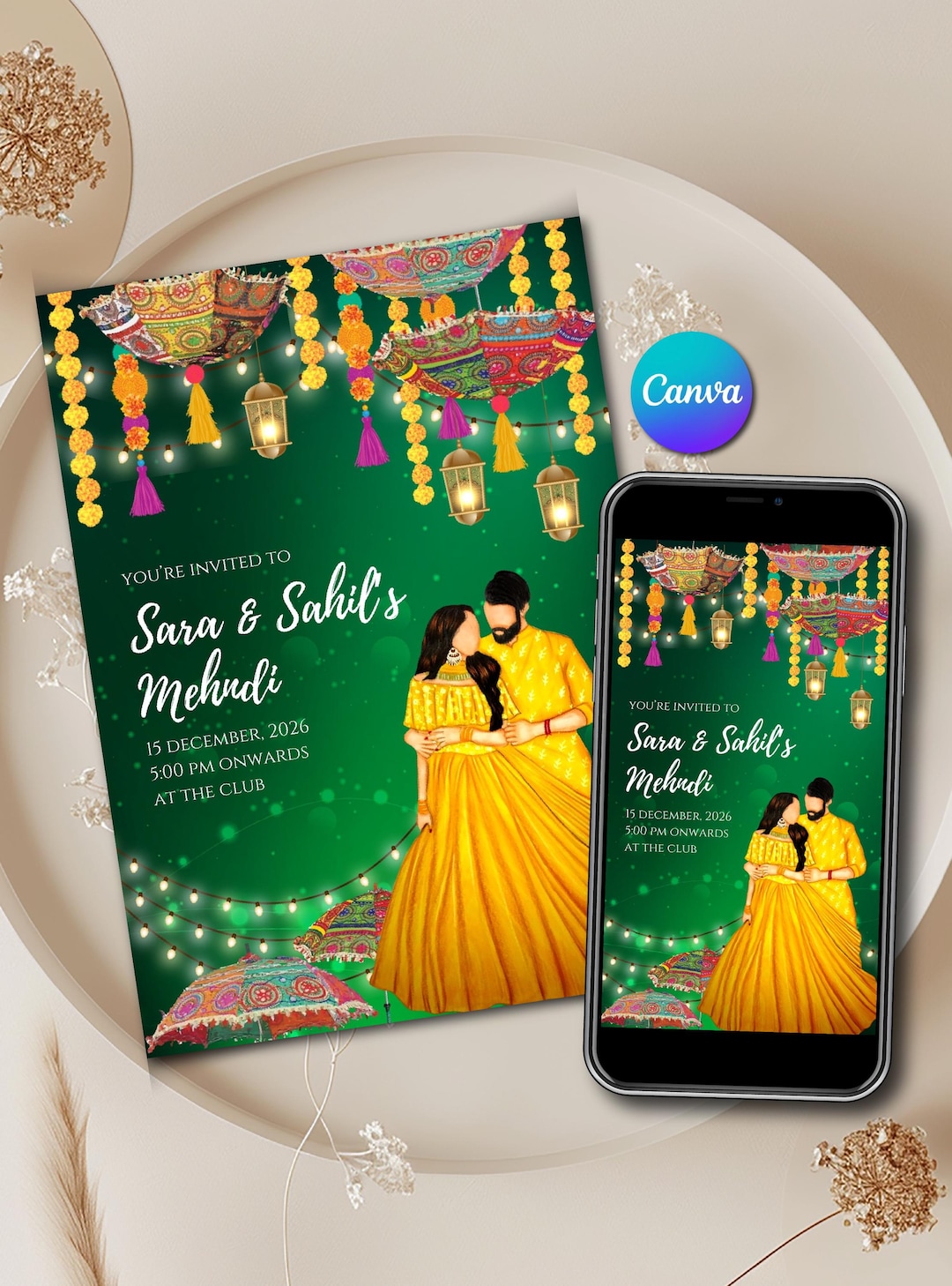 Mehndi Invitation Canva Template Digital Instant Download & Green ...