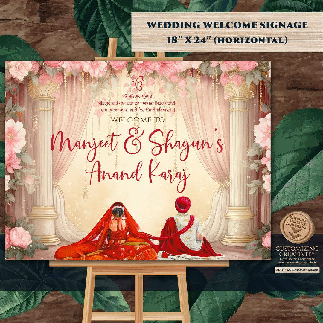 Punjabi Wedding Signs Anand Karaj Welcome Sign, Anand Karaj Sign & Sikh ...