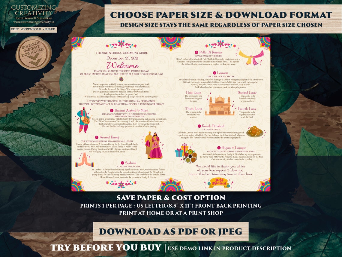 Sikh Wedding Programs Template & Sikh Ceremony Guides | Etsy