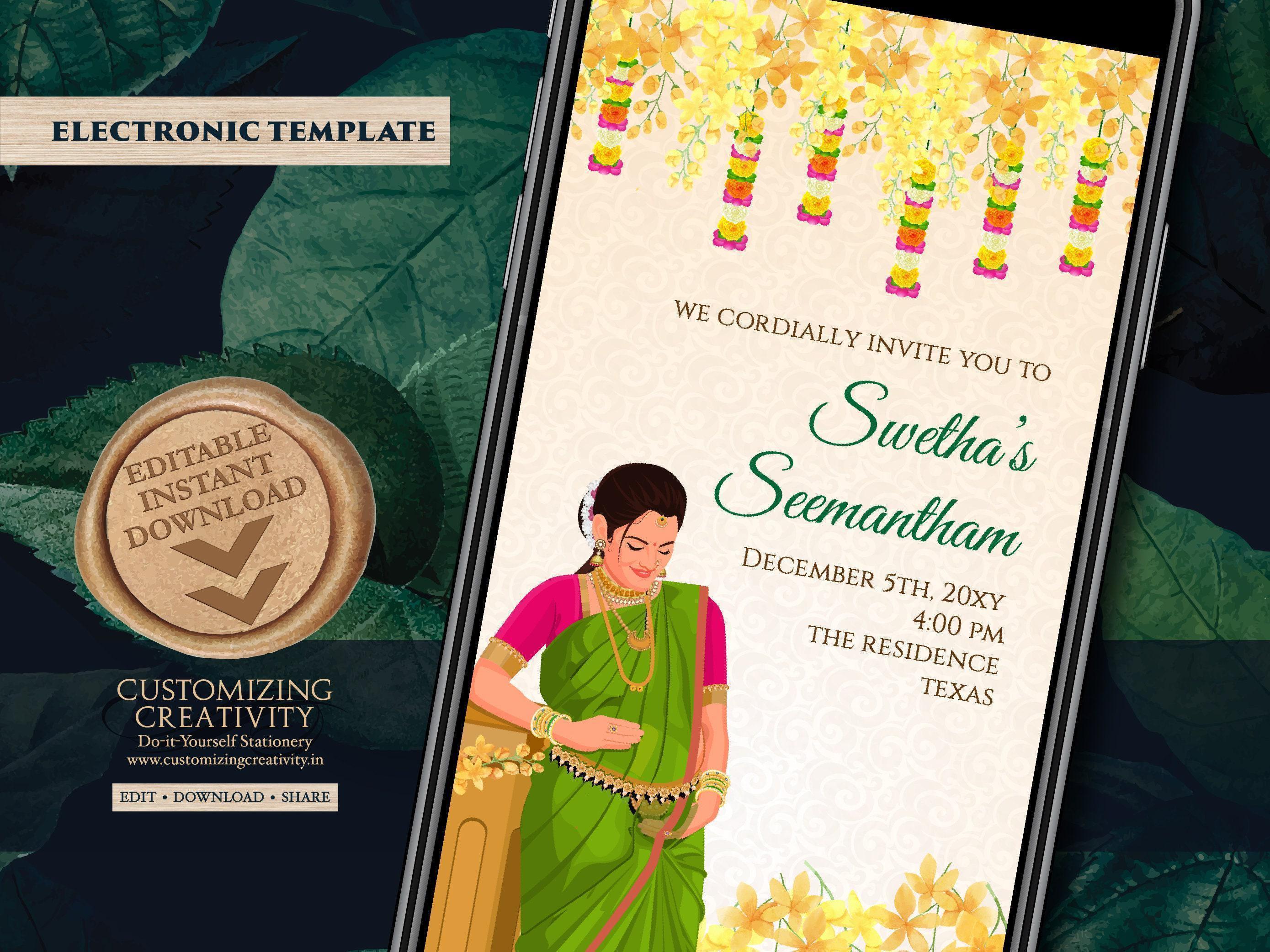South Indian Seemantham Invitation: Floral Godh Bharai Invite (digital ...