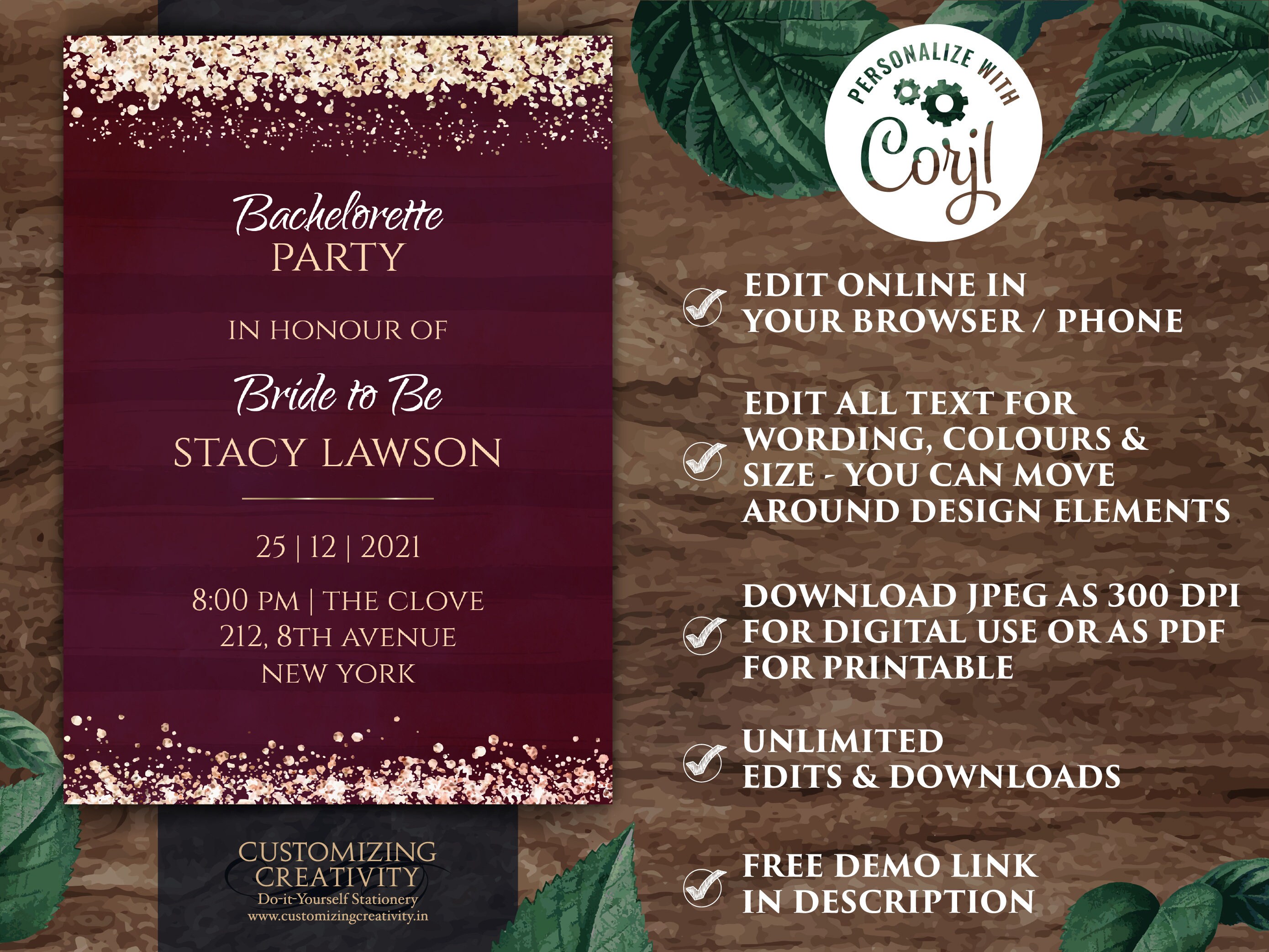 Maroon Bachelorette Party With Sparkle Bridal Invitation Gold | Etsy