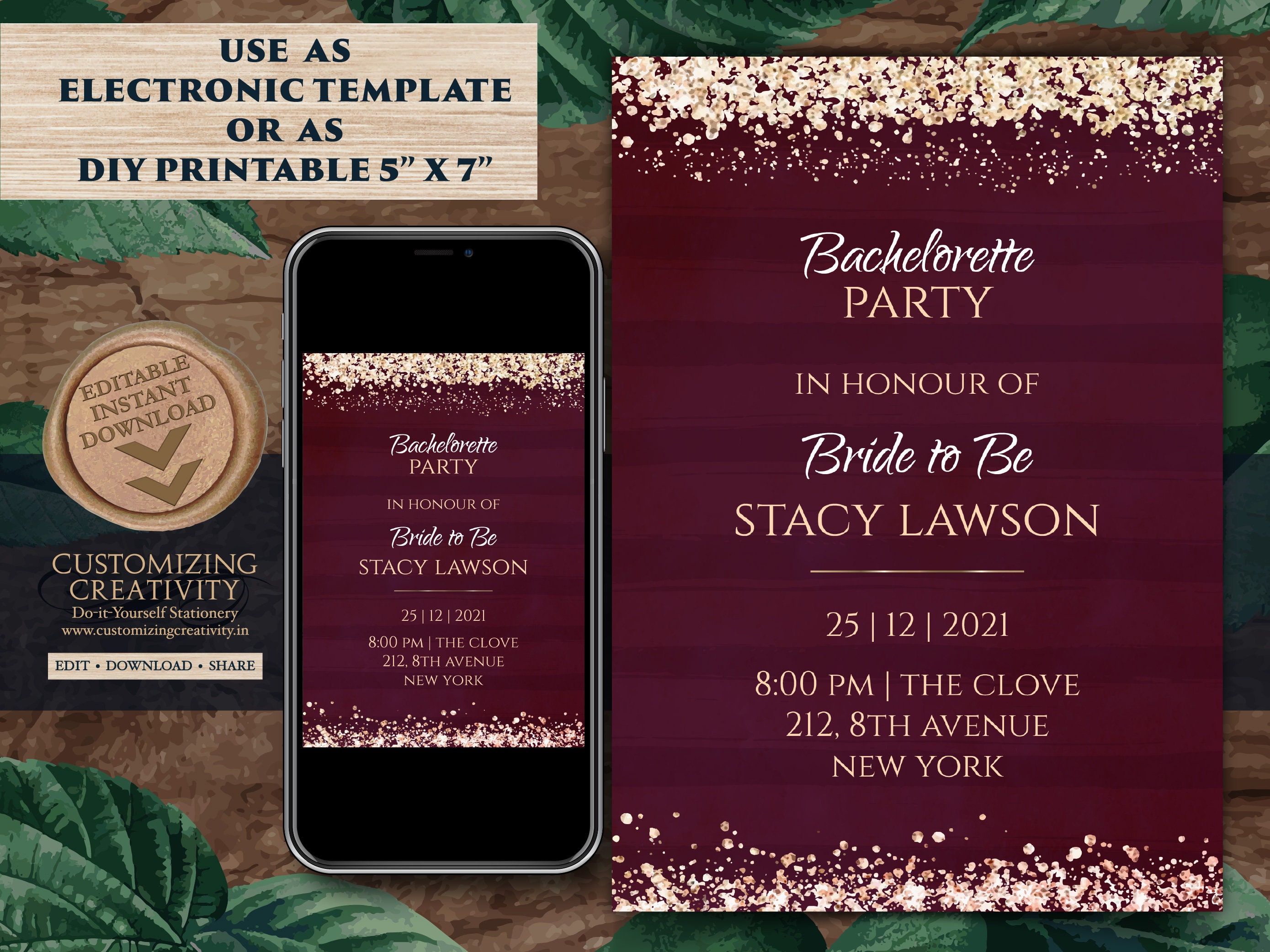 Maroon Bachelorette Party With Sparkle Bridal Invitation Gold | Etsy