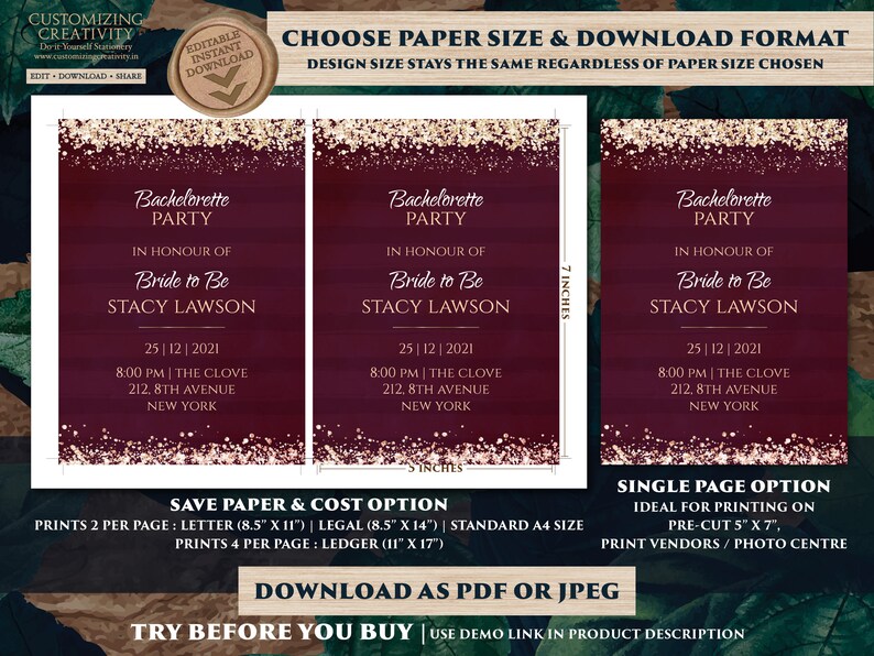 Maroon Bachelorette Party With Sparkle Bridal Invitation Gold | Etsy